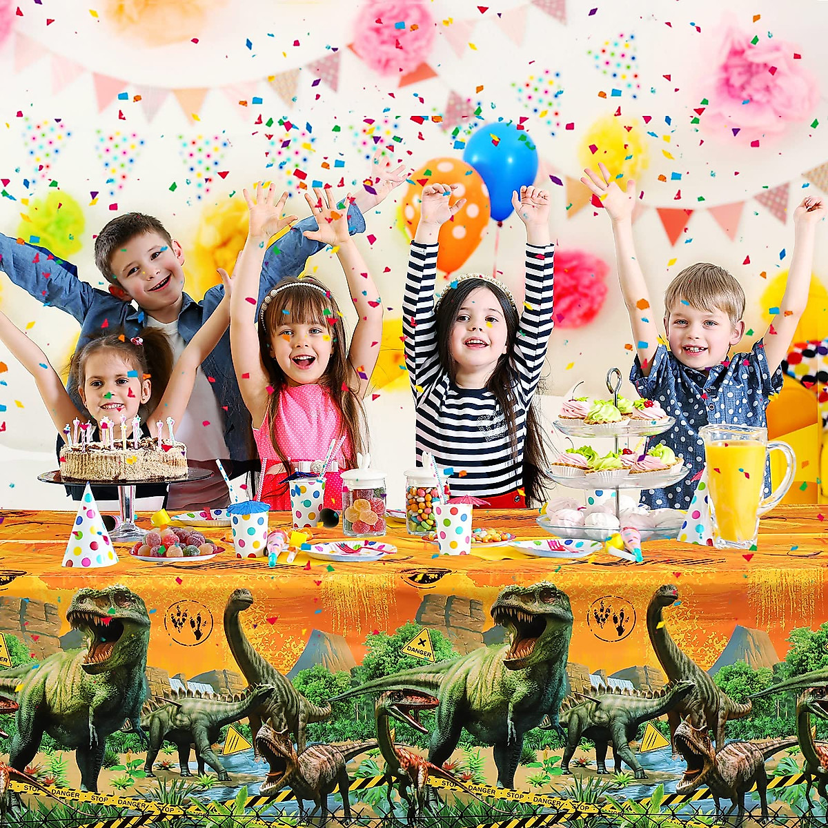 Tiamon Dinosaur Tablecloth Dinosaur Party Table Covers Dinosaur Plastic Tablecloth for Kids Adults Birthday Dinosaur Party Picnic Supplies 54 x 108 Inch (Yellow, 3 Pcs)
