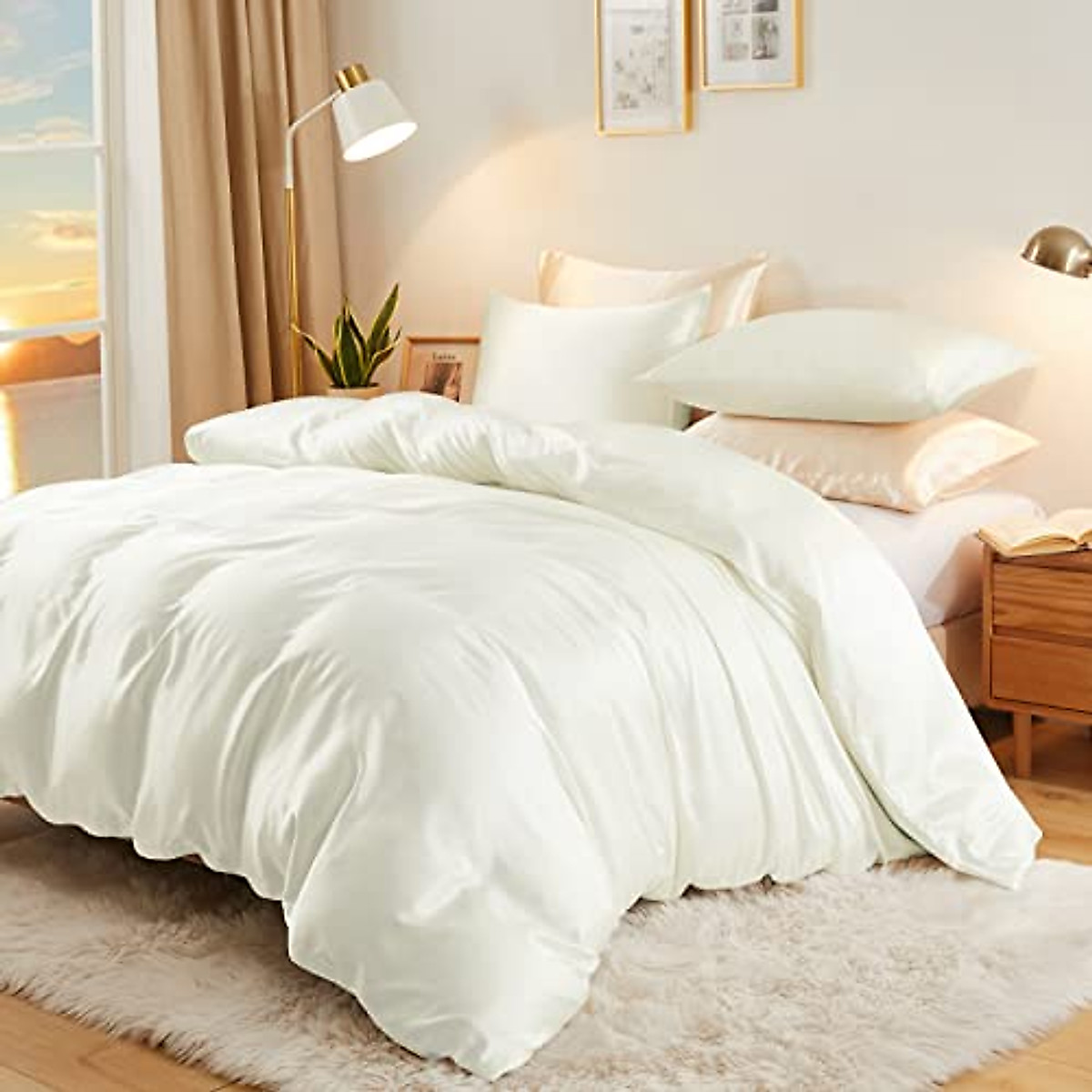 Vonty 3-Piece Silky Satin Duvet Cover Set Full/Queen Size Duvet Cover, Organic Natural 400TC Ivory White Duvet Cover Set - Luxury & Sexy Bedding Duvet Covers with Zipper Closure(No Comforter)