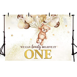 MEHOFOND Boy Girl 1st Birthday Bear Backdrop We Can Bearly Believe It One Happy First Birthday Banner Decorations Photography Background Kids Portrait Cake Table Supplies 7x5ft