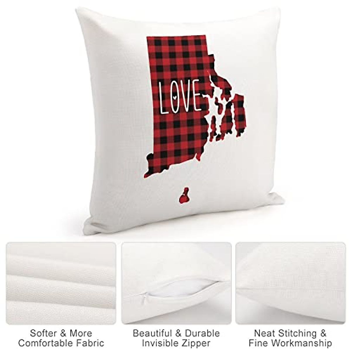 Red Black Buffalo Plaid Rhode Island State Map Throw Pillow Covers Love Pillow Case Home State Cushion Cover Going Away Gift Valentine's Day Decor Square Pillowcase Gift for Him 22"x22"