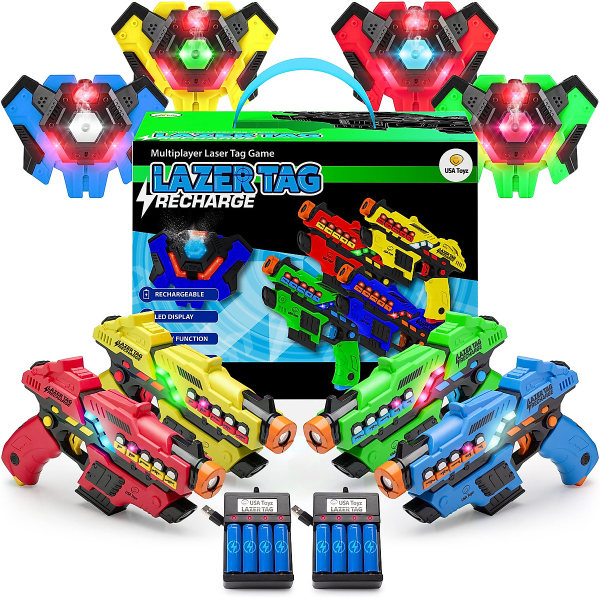 USA Toyz Rechargeable Laser Tag Game - 4pk Laser Tag Set with Guns and Vests, 4 Laser Tag Guns, 4 Lazer Tag Vests with FX, LEDs Outdoor Multiplayer Toy Shooting Games Laser Tag for Kids, Teens, Adults