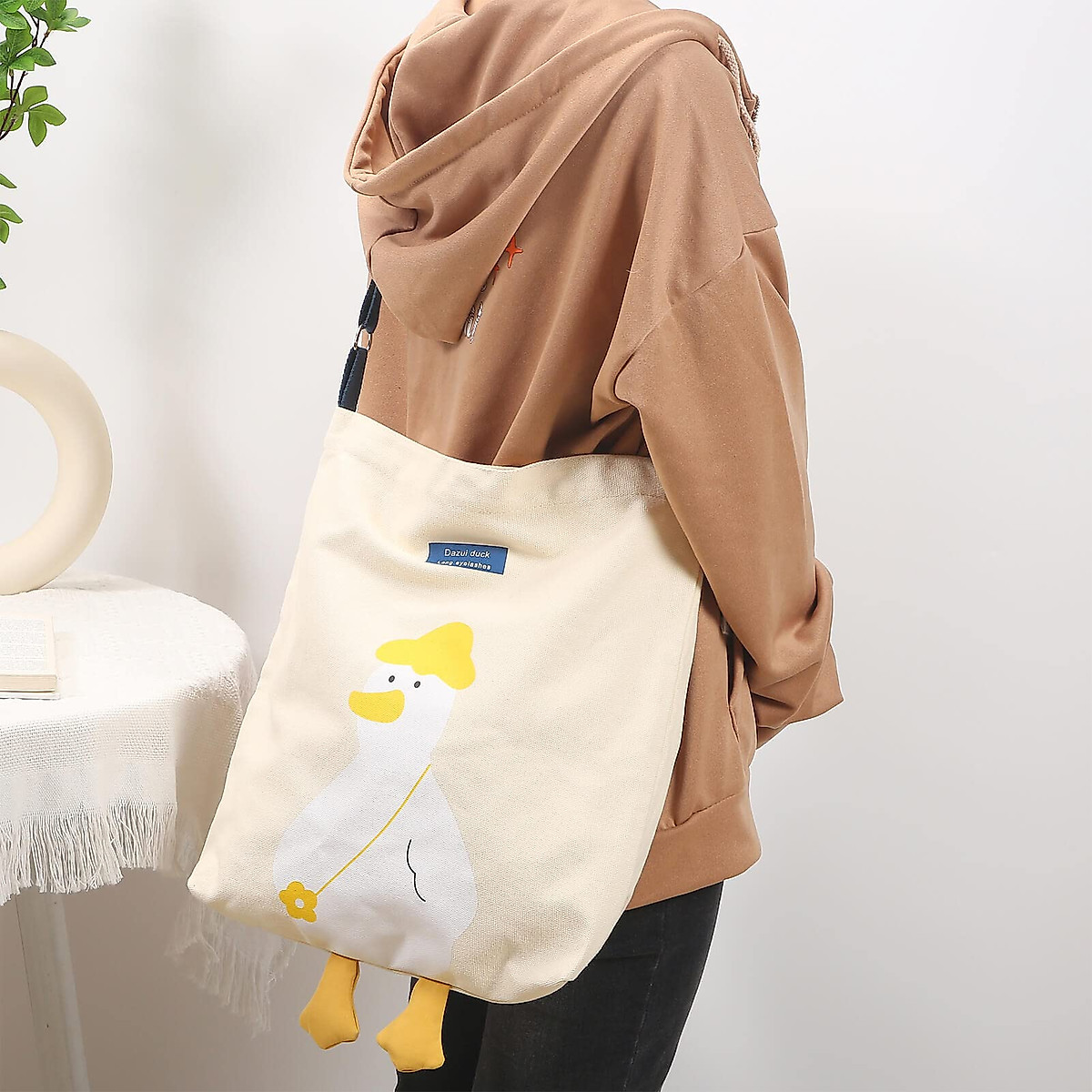 Phaoullzon Cute Canvas Tote Bag Funny Duck Bags Hobo Large Kawaii Shoulder Crossbody Bag