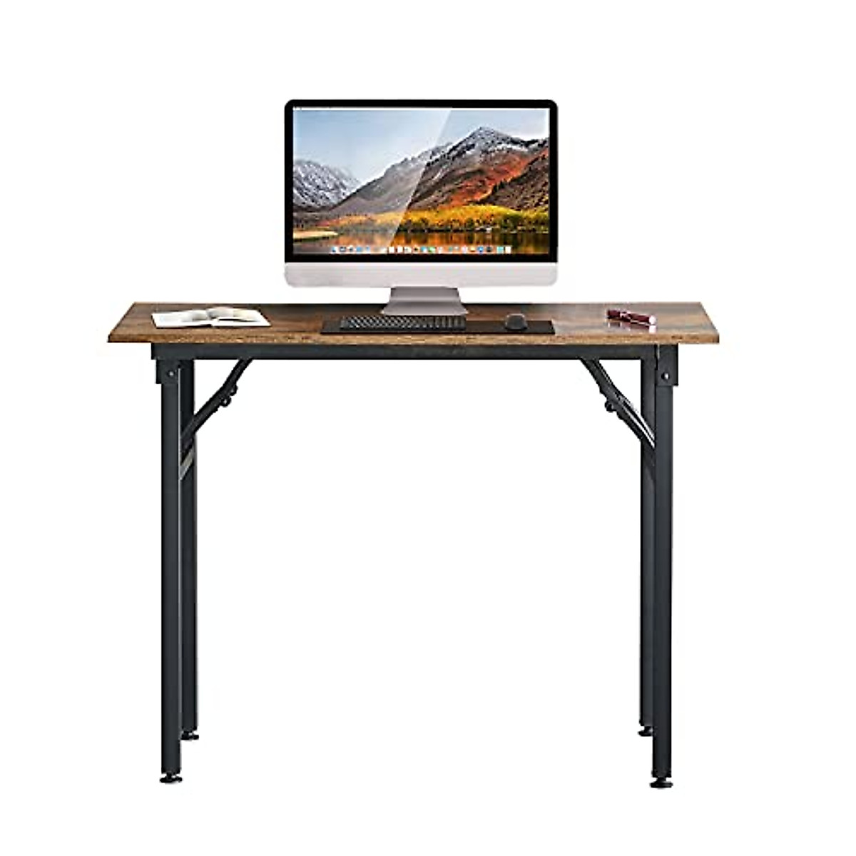 TEMI Small Desk 31.5" No Assembly Desk, Computer Desk for Home Office, Study Desk for Bedroom, Folding Desk with Stable Metal Black Frame, Rustic Brown