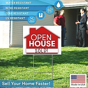 Open House Real Estate Signs – 18x24 Inches 5 Pack Set - Double Sided Red Property Yard Sign Bulk Pack - Includes 5 Heavy Duty Rust Free H Wire Stakes - Large Directional Arrows Realtor Agent Supplies