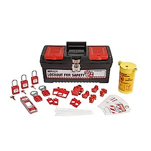 BRADY Electrical Lockout Tagout Kit - Hasps, Clamp on, Universal Multipole Circuit Breaker Lockouts, Loto Tags, Plug, Cable Lockout, 3 Red Keyed Different Safety Padlocks (1 Key Per Lock) - 153670