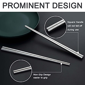 10 Pairs Chopsticks Reusable, Bestdin Metal Chopsticks Reusable with Unique Laser Engraving Pattern, 9.2 Inch Stainless Steel Chop Sticks for Asian Food, Square Non-Slip ChopSticks, Dishwasher Safe