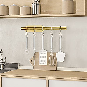 Youdian Gold Paper Towel Holder Under Cabinet,Under Counter Paper Towel Holder Wall Mount for Kitchen Bathroom Organization Storage,Adhesive and Screws,Stainless Steel,13 inch with 5 Hooks