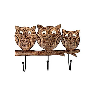 Ajuny Wooden Owl Motifs Wall Hanging Key Hook Holder- Decorative for Home Kitchen, Farmhouse Decor, Hallway- Vintage Heavy Duty Wall Mounted Hooks Cup (38 x 15 Cm)