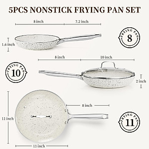 Frying Pan Set with Lids-Beige Nonstick Frying Pan Sets,8 inch,10 inch and 11 inch Skillet Set Egg Omelette Pans,Pan Set for Cooking,Healthy and Non Toxic Kitchen Cooking Set with Stay Cool Handle