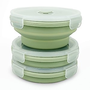 Lunbengo 3piece Collapsible Bowl with Lids, Microwave Silicone Meal Prep Lunch Containers, Ideal Food Bowls for Snacks, Fruits, Oatmeal, Camping Travel, Round, Green