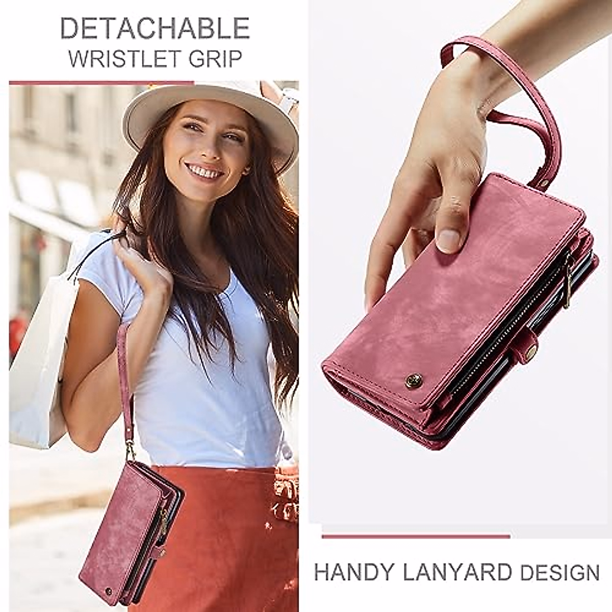 phone flip case Wallet Case Compatible with Samsung Galaxy Z Fold 5,2 in 1 Detachable Premium Leather Magnetic Zipper Pouch Wristlet Flip Phone Case,Matte Soft Leather+TPU Bottom Shell Case W Card Hol