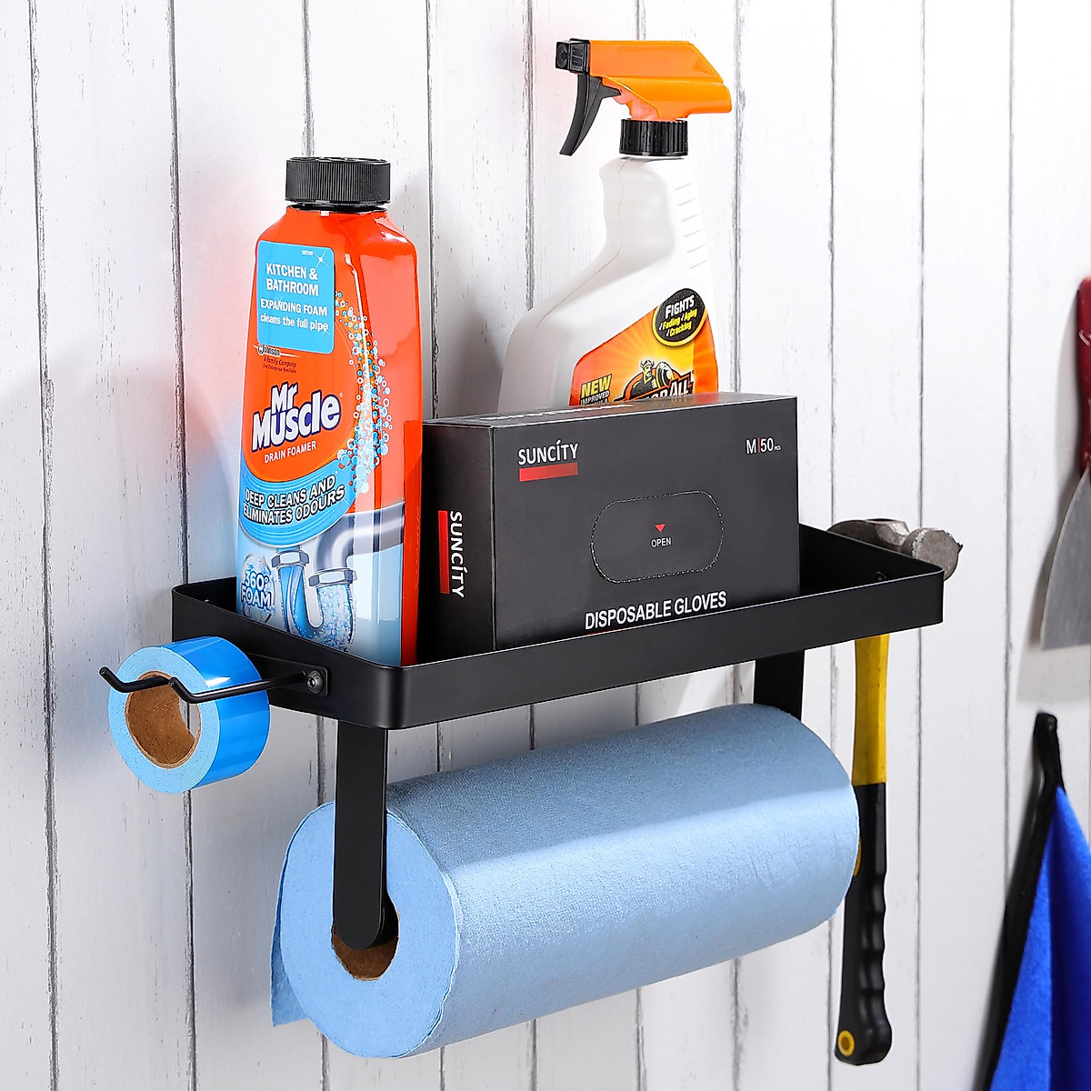 YIGII Garage Paper Towel Holder with Shelf - Wall Mount Paper Towel Holder with 4 Hooks, Single-Hand Tear Paper Towel Rack Heavy Duty Tissue Holder for Clean Station, Craft Room, Workbench (Black)