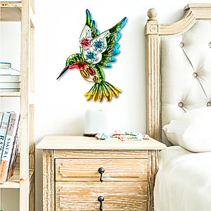 Fawgold Metal Hummingbird Wall Art Decor, 3D Design with Glass Bead Accessories, 16 Inch Fence Decorations Outdoor Hanging Decor for Patio Bedroom Living Room Garden Yard