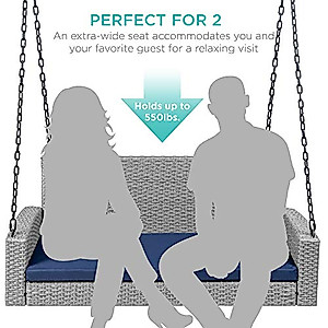Best Choice Products Woven Wicker Outdoor Porch Swing, Hanging Patio Bench for Deck, Garden w/Mounting Chains, Seat Cushion - Gray/Navy