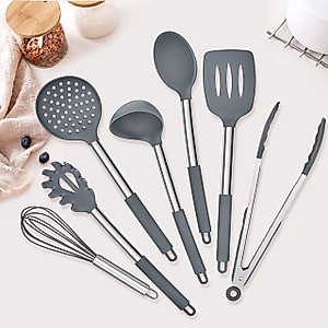 Homikit 27 Pieces Silicone Cooking Utensils Set with Holder, Kitchen Utensil Sets for Nonstick Cookware, Gray Kitchen Tools Spatula with Stainless Steel Handle, Heat Resistant