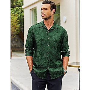 COOFANDY Mens Green Button Down Shirt Floral Jacquard Dress Shirts Long Sleeve Button Up Shirt Wedding Dress Shirts