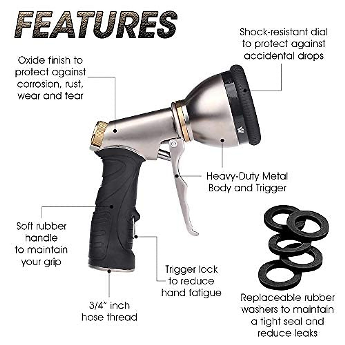 Hose Sprayer Nozzle – Premium Heavy Duty Garden Hose Nozzle - 9 Adjustable High Pressure Spray Nozzle Patterns - Water Hose Nozzle Best For Plants, Lawn, Car Wash, Patio, Dog -5 Extra Washers-SprayTec