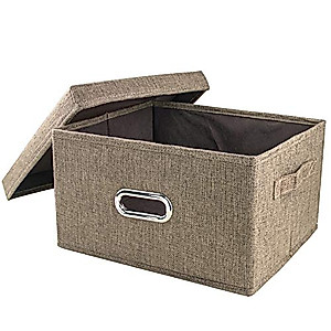 Burlap Fabric Storage Box Basket Container with Lids, Clothes Closet Organizer for Home, Office, Storeroom, Nursery, Bedroom, Living Room, Playroom, Wardrobe Shelf, Drawer, 13" x 9.4" x 7", Brown