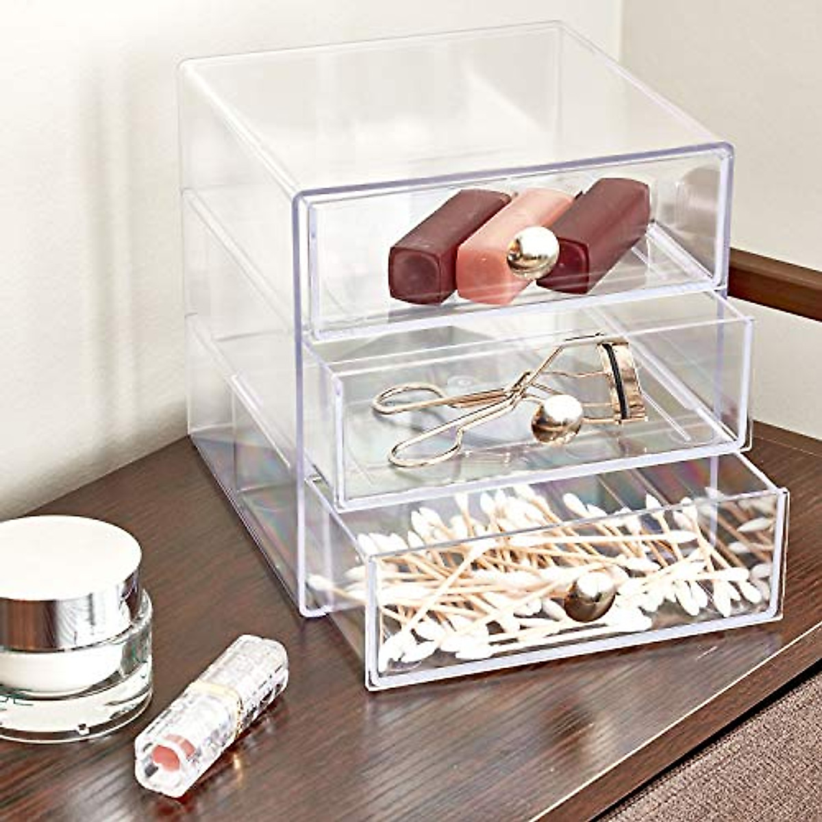 iDesign BPA-Free Plastic 3-Drawer Vanity Organizer - 6.5" x 6.5" x 6.5", Clear