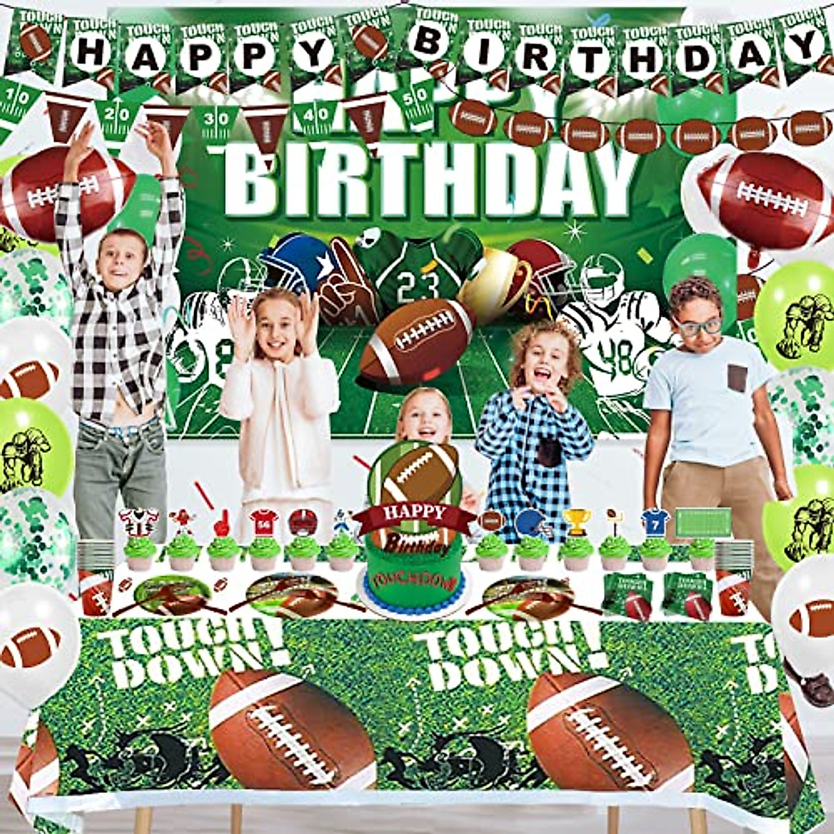 176pcs Football Birthday Party Decorations Includ Birthday Banner, Football Garland,Tablecloth, Football Backdrop, Football Foil Balloon, Tableware ect Boys Sports Theme & Superbowl Party Supplies