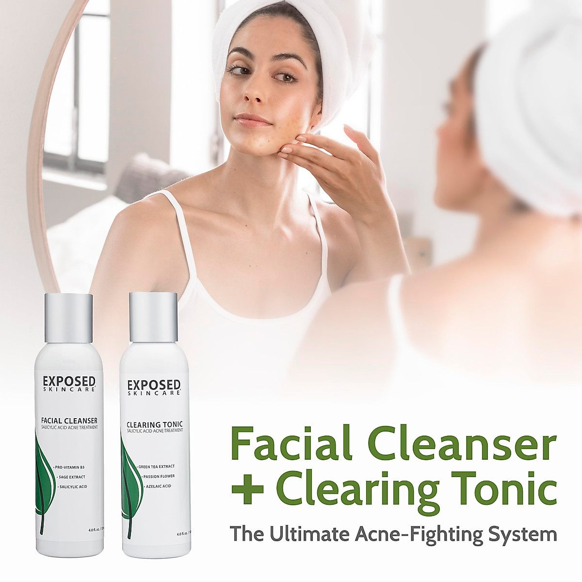 Exposed Skin Care Basic Acne Treatment Kit - Includes Salicylic Acid Face Wash, Clearing Tonic, Acne Treatment Serum with Benzoyl Peroxide, Clear Pore Serum - Acne Set Solution for All Skin Types