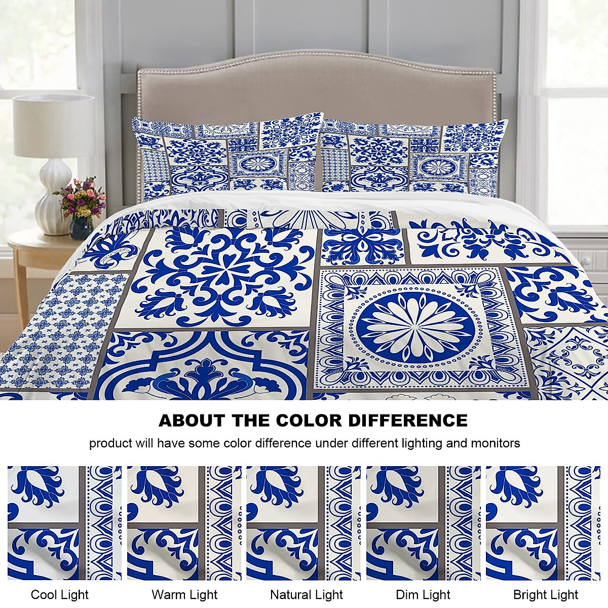 Batmerry Blue and White King Size 3 Pieces Bedding Comforter Cover Sets,Soft Fluffy Abstract Patchwork Mosaic Tiles Pattern Printed Duvet Cover for All Season