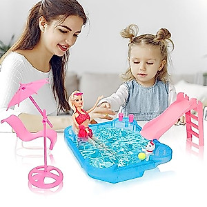 Yellow River Glam Doll Pool, 12" Summer Beach Bath Suit Doll Playset, with Slide, Umbrella and Chair. Gift for Girls Age 3 4 5 6 7 for Christmas (Doll Include)