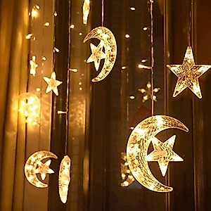 Janchs Solar String Lights Outdoor Ramadan Eid Decorations, 8 Modes Waterproof 138LED Solar Powered Star Moon Curtain Lights Window Fairy Lights for Backyard Garden Patio Home Christmas Ramadan Decor
