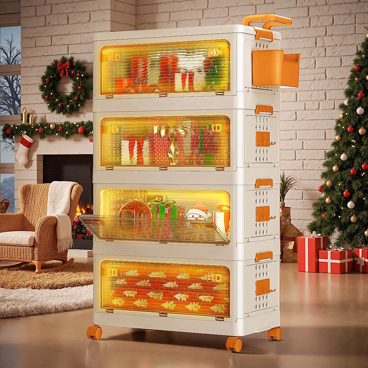 SPIEEK Stackable Storage Bins, 56QT Plastic Storage Bins with Lips, Wheels, Wall Mounted Box, Hooks, Pack of 4 Two-door Collapsible Storage Bins Containers Closet Organizers for Bedrooms