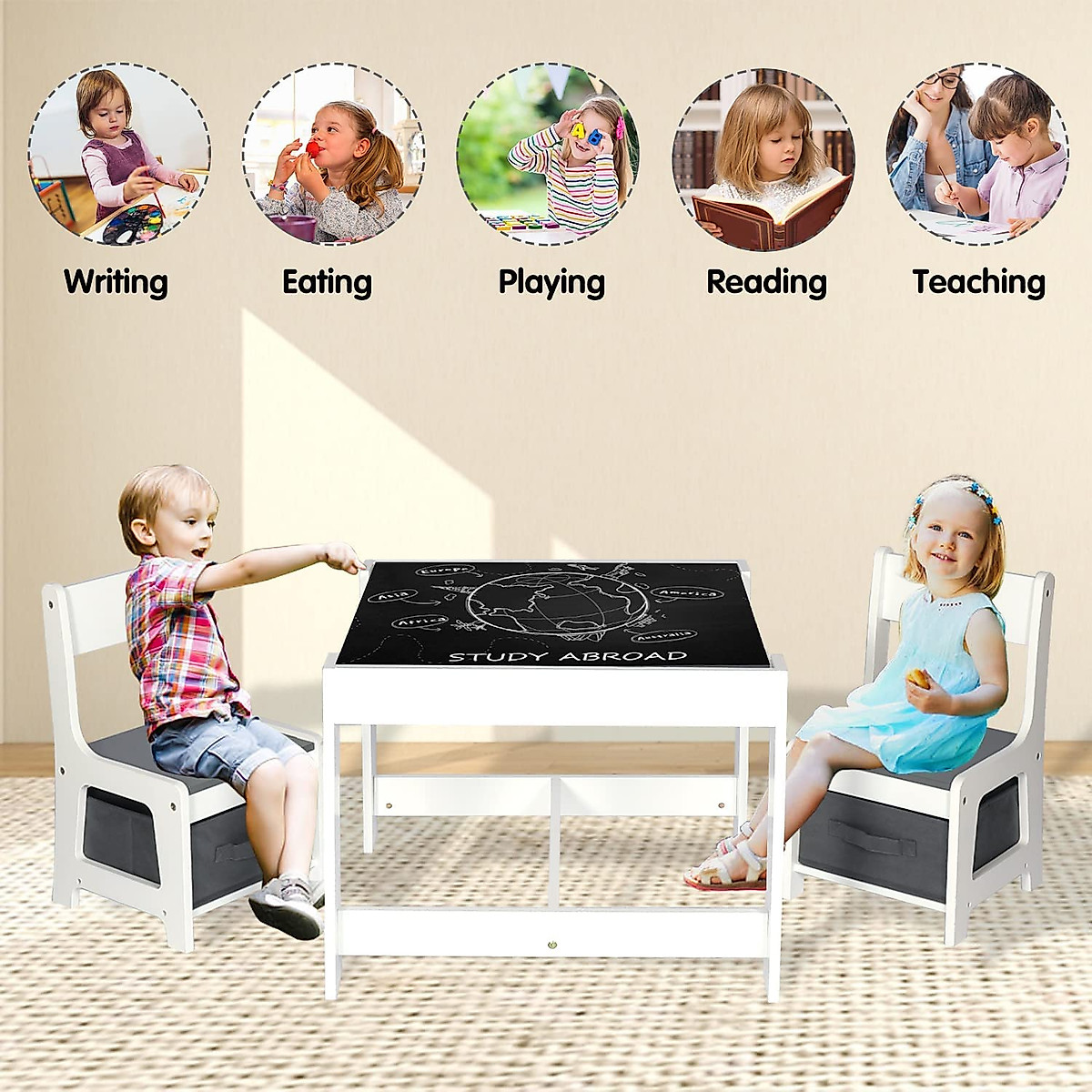3 in 1 Kids Wood Table and 2 Chairs Set ,Multi Activity Table and Chair with Storage Children Play Desk for Building Blocks Reading Drawing Art Playroom (Gray)