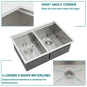 LORDEAR 28 Inch Undermount Kitchen Sink Double Bowl 16 Gauge Stainless Steel Workstation Kitchen Sink 50/50 with Smart Low Divider, 28x19 Double Basin Under Counter Kitchen Sinks Handmade