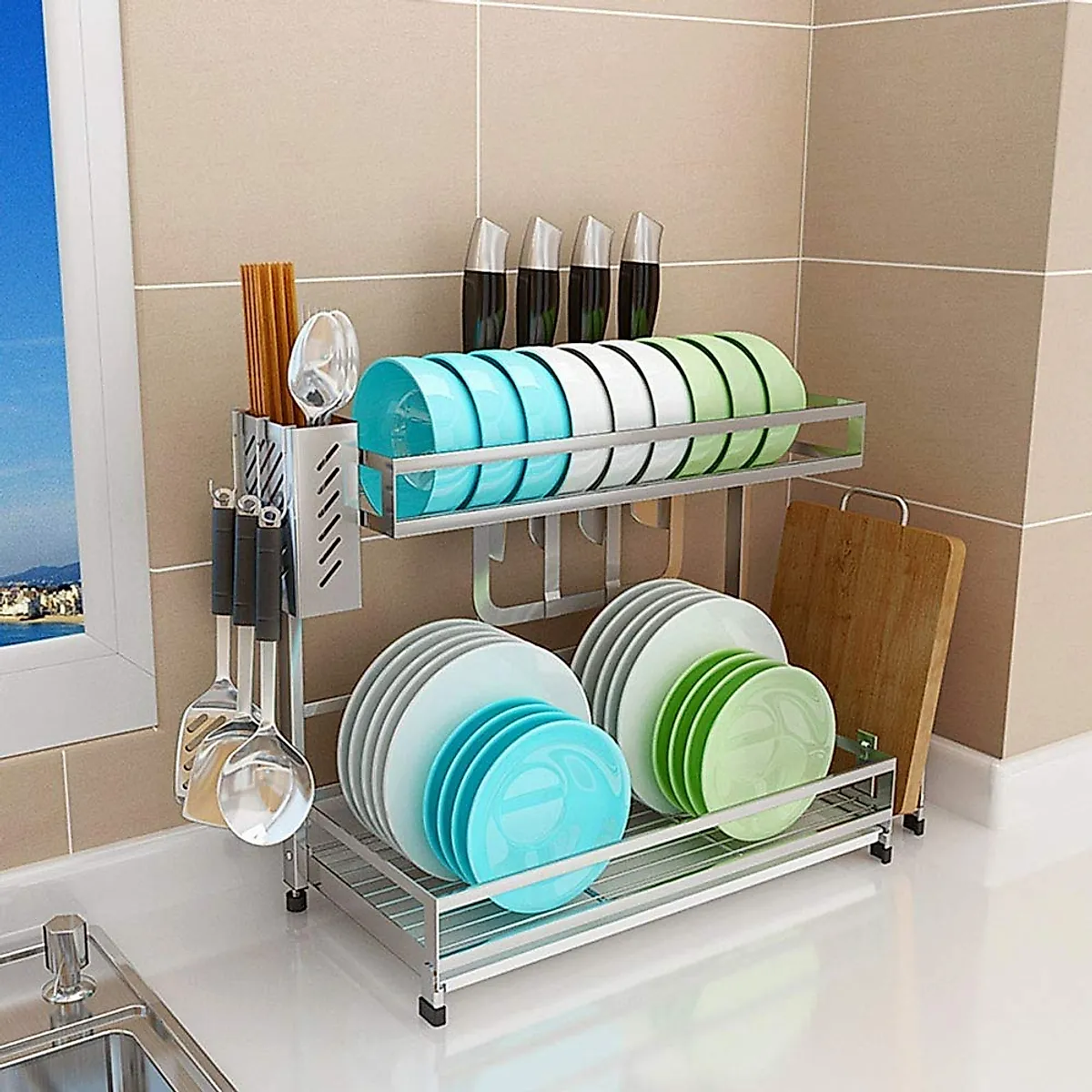 KLHDGFD Drain Rack-Stainless Steel Kitchen Dish Drying Rack 2-Tier Wall Floor Mounted