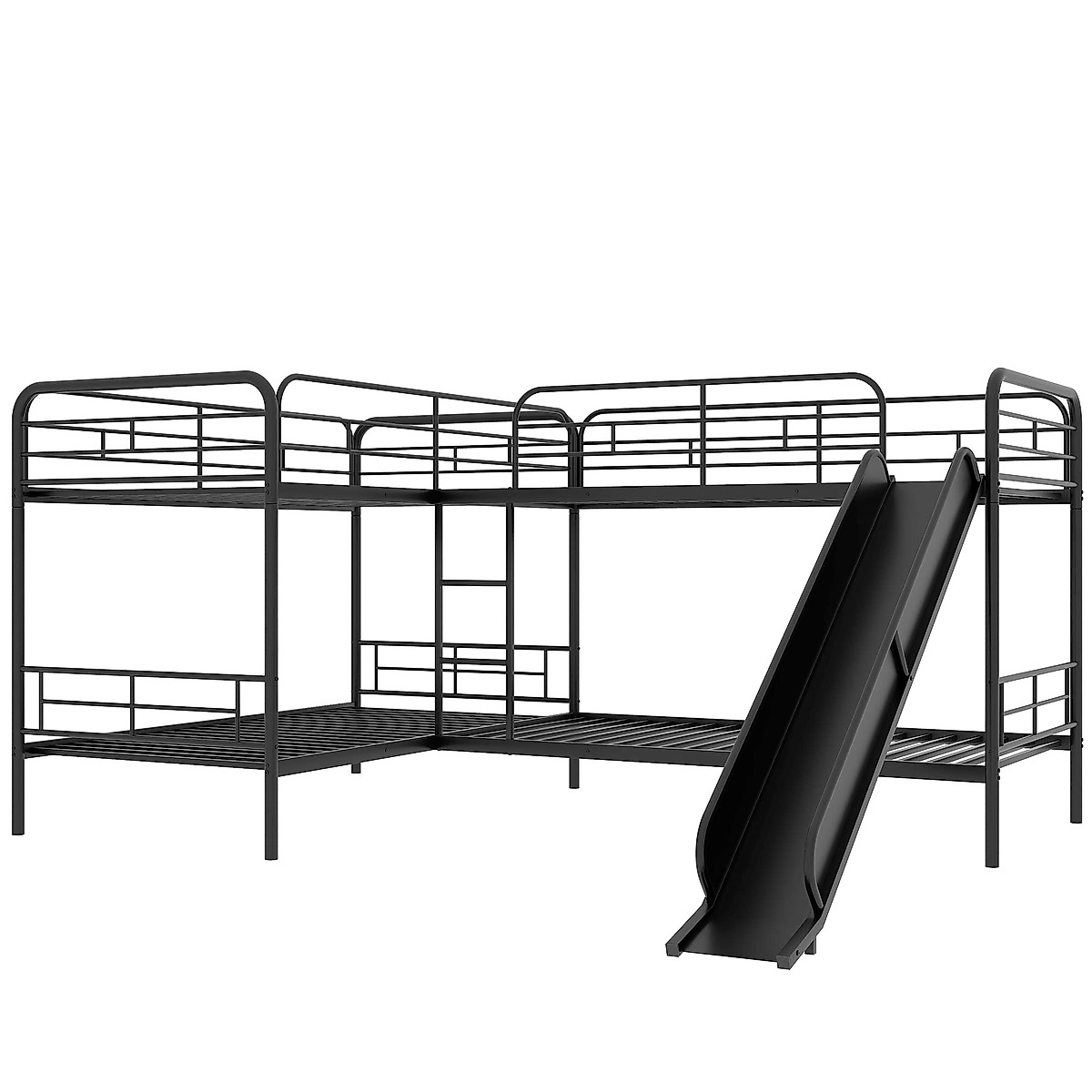 Rhomtree Twin Size L-Shaped Metal Corner Bunk Bed with Ladder and Slide, Space Saving & Easy Assembly, 4 Beds in 1 (Black)