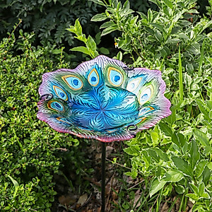 MUMTOP Glass Bird Bath, Garden Outdoor Birdbaths Birdfeeder with Metal Stake Peacock Bird Baths for Outside Yard