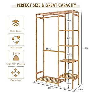 Jotsport Bamboo Clothing Rack with 6 Tier Storage Shelf Multifunctional Garment Organizer Wardrobe Closet for Guest Room Kids Baby Bedroom Entryway