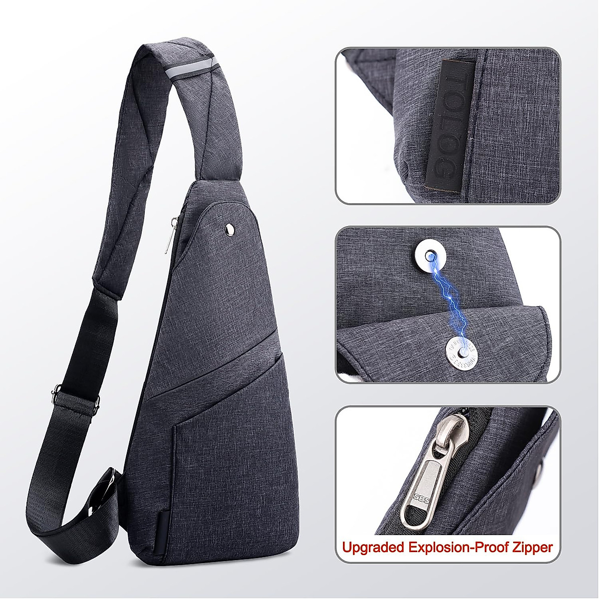 TOLOG Sling Bag Anti-Thief Crossbody Personal Pocket Bag Lightweight Chest Shoulder Backpack for Travel Hiking (Dark Grey)