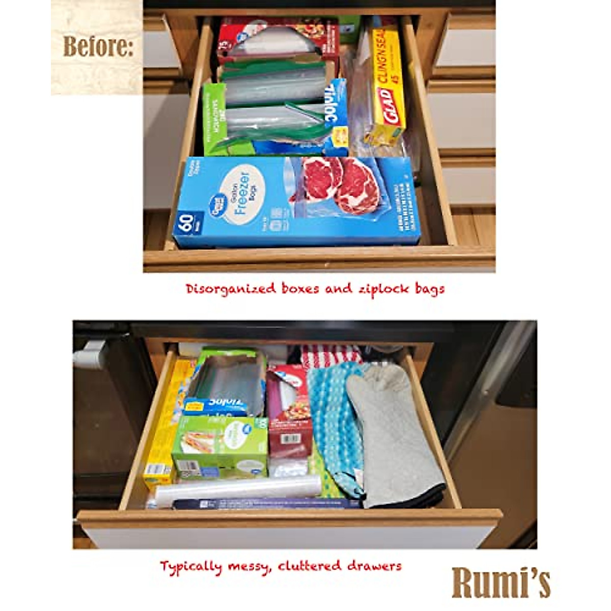RUMI'S Ziplock Bag Storage Organizer for Drawer Bamboo Gallon, Quart, Sandwich, Great Value, Glad, Hefty Larger & More Practical Size: 13.5'' x 12.0'' x 3.0'' Inches. Golden Yellow 1 1.0 Count