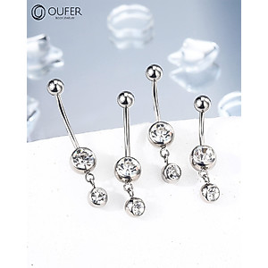 OUFER Dangle Belly Button Rings, G23 Solid Titanium Belly Ring, 14G Clear CZ Long Belly Piercing Jewelry, Lead & Nickel Free Navel Rings for Women Men-16MM