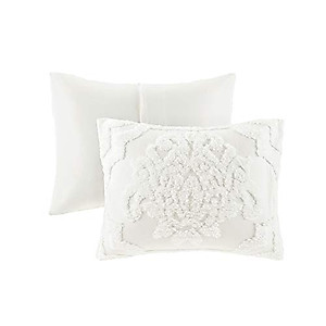 Madison Park Tufted Chenille Cotton Comforter, All Season Bedding Set, Matching Shams, Viola, Damask Off White Full/Queen(90"x90") 3 Piece