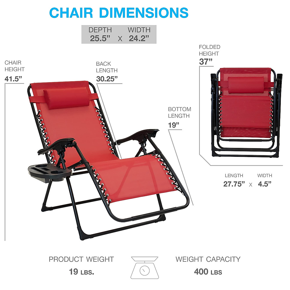 Sun-Ray Oversized Patio Chair with Leg Stabilizers and Big Cupholder, Adjustable Zero Gravity Folding Reclining Outdoor Chair with Pillow, Ruby Red