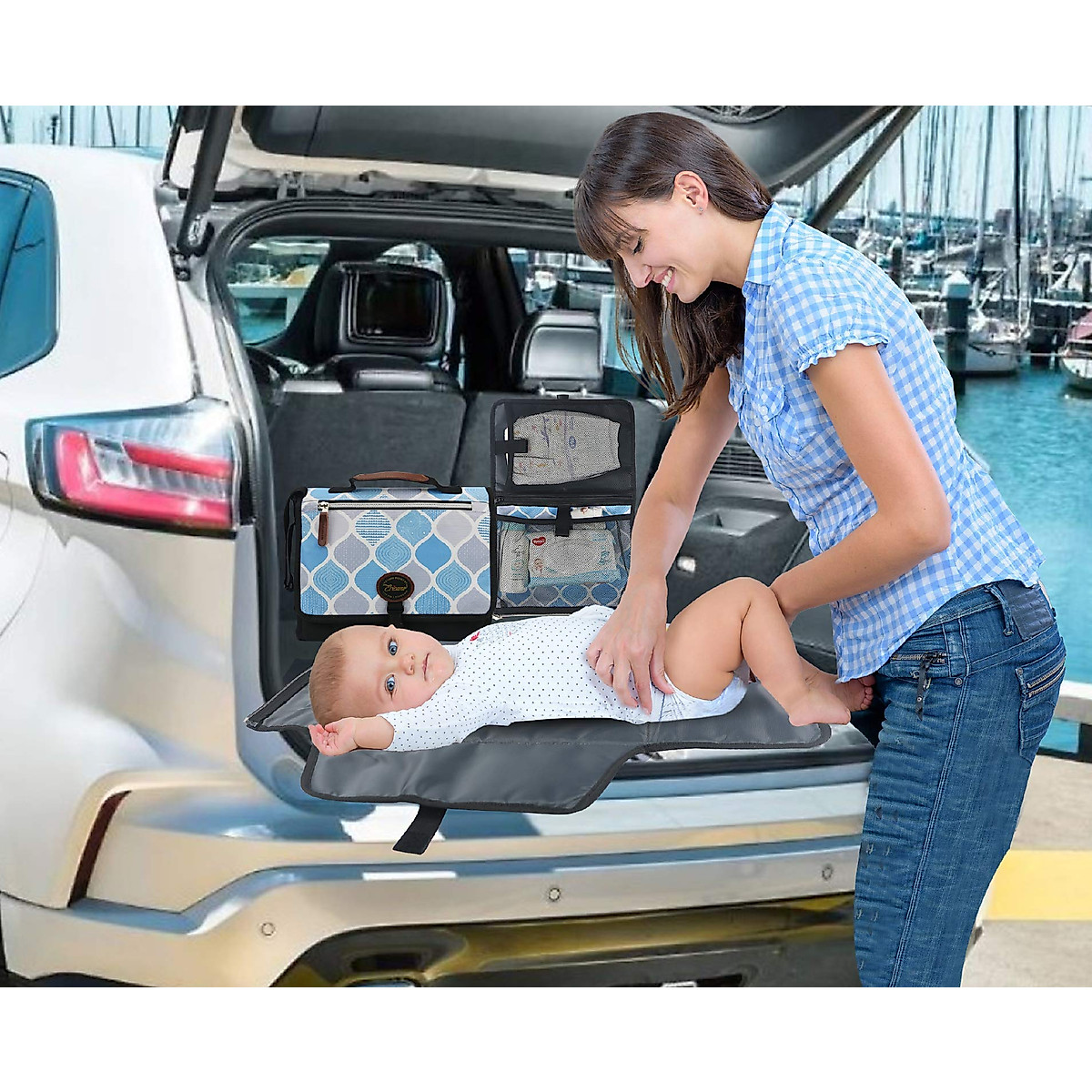 Portable Diaper Changing Pad Thick Soft Cushion Pillow - Travel Baby Mat Diaper Clutch Bag Detachable Wipes Pockets Baby Gift, Trellis Blue Grey Black