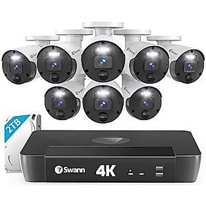 Swann 4K Master Security Camera System, 8pcs PoE Bullet Cameras, 8CH Cat5e Wired NVR System with 2TB HDD, Sensor Spotlights, Color Night Vision, 24/7 Home Surveillance, True Detect, Indoor/Outdoor