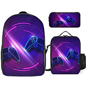 NAWFIVE Neon Game Controllers Backpack with Lunch Box And Pencil Case Set Joysticks Game Console Travel Daypack Bookbag for Men Women Laptop Backpack 3pcs
