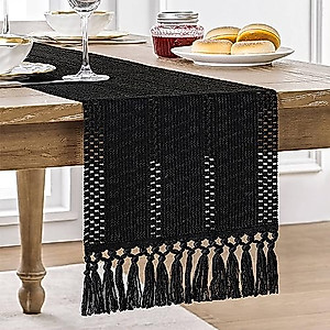 ZeeMart Macrame Style Boho Table Runner, Black Table Runners 72 Inches Long, Farmhouse Woven Home Decor, 12x72 Inch, Black
