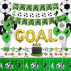 Soccer Party Supplies - 3 Set Soccer Themed Happy Birthday Banners, 1 Table Cloth, 10 Cake Toppers and 15 Soccer Theme Balloons Decorations for Kids and Soccer Fans Birthday Party