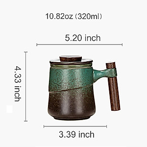 NCQIXIAO Tea Cup with Infuser and Lid, Retro Tea Mug Cups with Infuser, Wood Handle Ceramic Coffee Mug with Lid for Steeping Loose Leaf Tea 320ml/10.82OZ (Vintage Green)