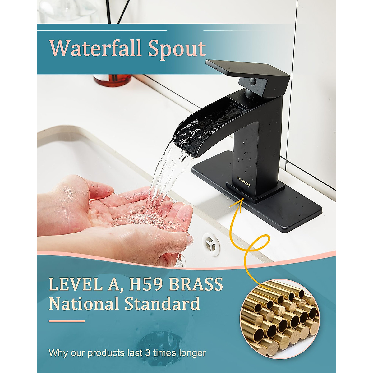 KUZOR Bathroom Faucets Single Hole Black Matte, Waterfall Matt Black Bathroom Sink Faucet One Hole with Metal Pop Up Drain, Solid Brass Square Faucet for Bathroom Vanity