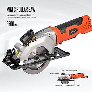 Yunirvana 4Amp 3500RPM Mini Circular Saw with Laser Guide, Vacuum Adapter, Blade Wrench and Rip Guide, Max. Cutting Depth1-5/8"(90°), 1-1/10"(45°）Compact Saw with 2 pcs 4-1/2" 24T TCT Blades