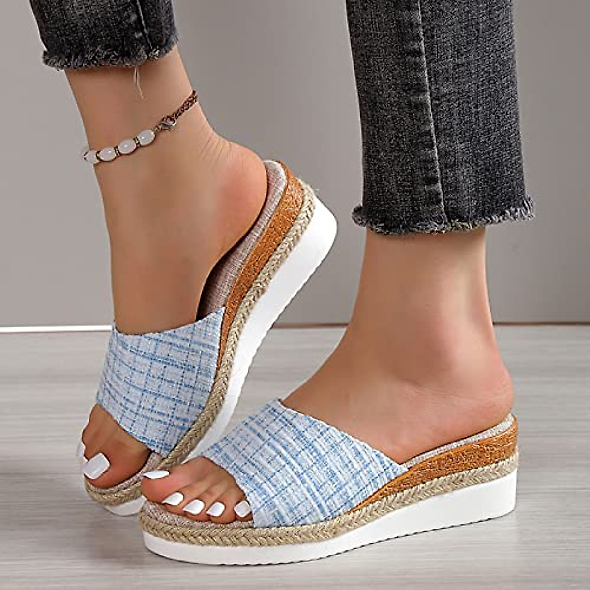 Flat Sandals for Women Size 8 Ladies Fashion Color Matching Cloth Open Toe Casual Slope Heel Thick Sole Sippers (Light Blue, 8)