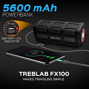 TREBLAB FX100 - Portable Bluetooth Speaker, 20W Rugged Outdoor Speaker, 35H Battery, IPX7 Waterproof Speaker with Metal and Rubber Body, Wireless Speaker w/Powerbank for Work, Travel, Bike, Beach